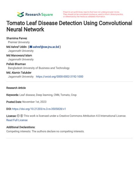Tomato Leaf Disease Detection Using Convolutional Pdf Artificial Neural Network Deep Learning