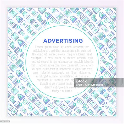 얇은 선 아이콘 광고 개념 빌보드 거리 광고 신문 잡지 제품 프로 모션 이메일 지리적 타겟팅 소셜 미디어 전략 배너 벡터