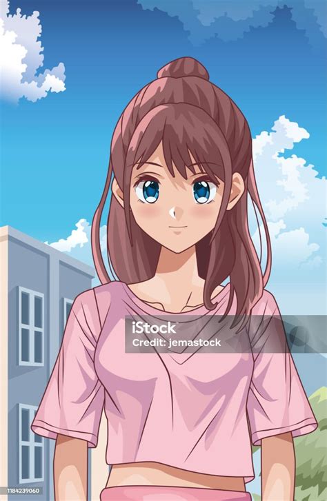 Junge Mädchen Hentai Stil Charakter Outdoorszene Stock Vektor Art Und