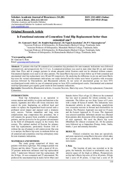 Pdf Is Functional Outcome Of Cementless Total Hip Replacement Better