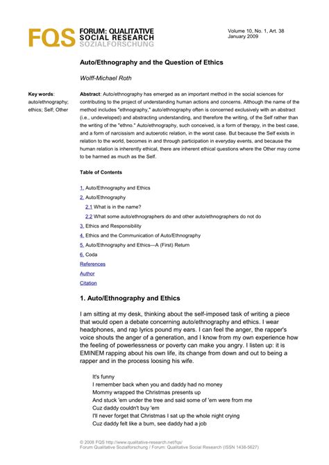 Pdf Autoethnography And The Question Of Ethics