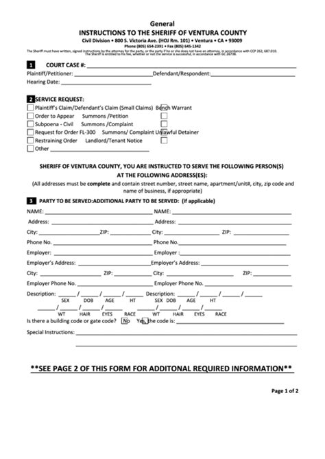 General Instructions To The Sheriff Of Ventura County Form Printable