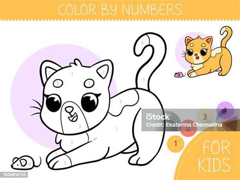 귀여운 고양이와 함께 아이들을 위한 숫자 색칠 페이지로 색칠하세요 색칠하기 예제가 있는 만화 고양이와 색칠하기 책 흑백 및 컬러 버전 벡터 그림입니다 0명에 대한 스톡 벡터