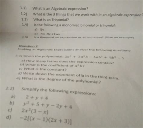 Solved 1 1 What Is An Algebraic Expression 1 2 What Is The 3 Things