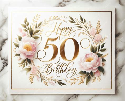 Elegante Cartão De Aniversário De 50 Anos Com Letras Douradas E Desenho