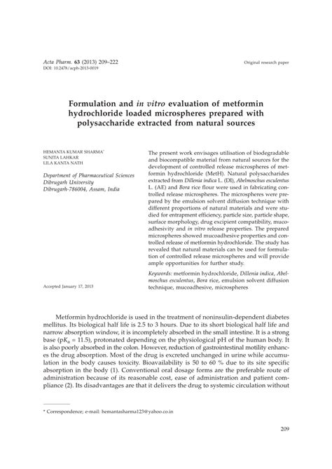 Pdf Formulation And In Vitro Evaluation Of Metformin Hydrochloride
