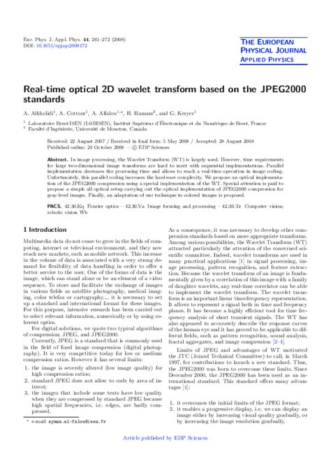 Pdf Real Time Optical 2d Wavelet Transform Based On The Jpeg2000 Standards