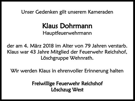 Traueranzeigen Von Klaus Dohrmann Wirtrauern