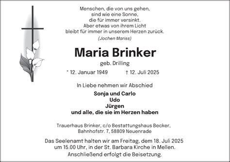 Traueranzeigen Von Maria Brinker Trauer In Nrwde