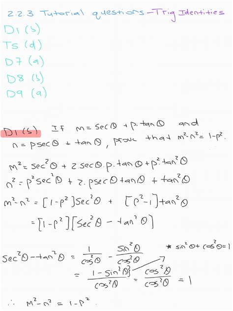 Week 3 Algebra Lecture 1 Tut Questions On Trig Identities Notes Pdf