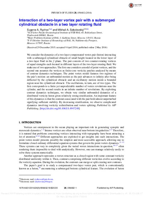 Pdf Interaction Of A Two Layer Vortex Pair With A Submerged Cylindrical Obstacle In A Two