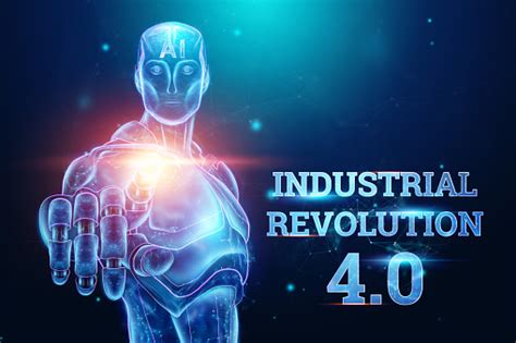 로봇의 블루 홀로그램 파란색 배경에 싸이 비문 산업 혁명 40 자동 조종 장치 로봇 인공 지능의 개념 3d 그림 3d 렌더링 3차원 형태에 대한 스톡 사진 및 기타 이미지