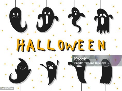 할로윈 2022 10 월 31 전통적인 휴일 과자 안 주면 장난칠 거예요 손으로 그린 낙서 스타일의 벡터 일러스트레이션 귀여운 유령의 실루엣 세트 0명에 대한 스톡 벡터