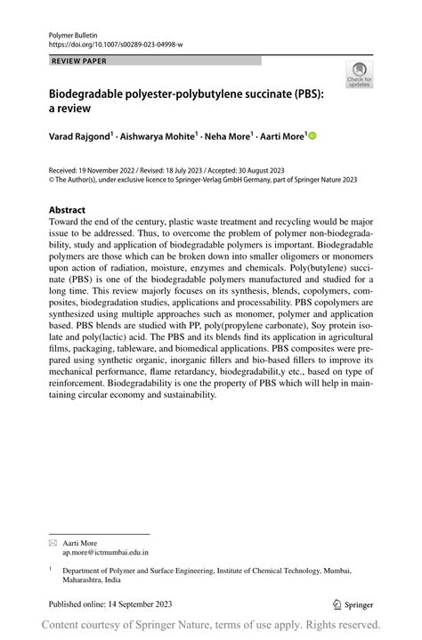 Biodegradable Polyester Polybutylene Succinate Pbs A Review Request Pdf