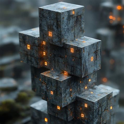 Abstract Cybernetic Ecosystems Blocky 3d Representations Of Symbiotic Relationships Between