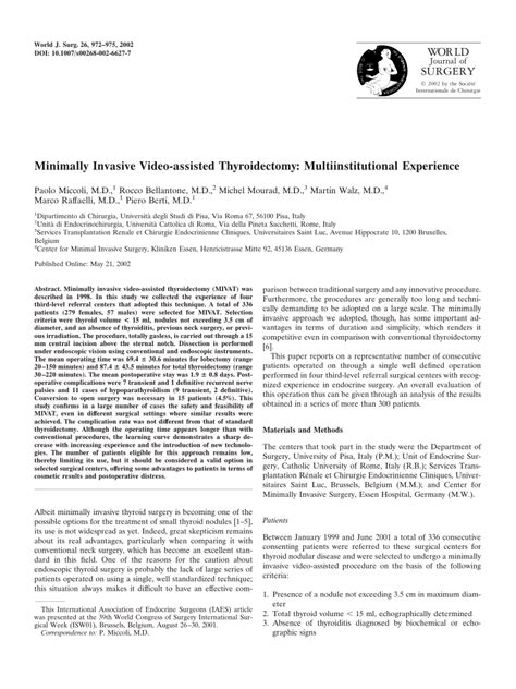 Pdf Minimally Invasive Video Assisted Thyroidectomy Multiinstitutional Experience