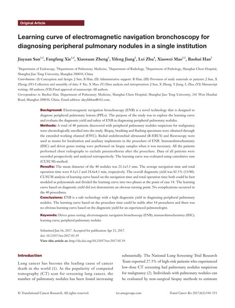 Pdf Learning Curve Of Electromagnetic Navigation Bronchoscopy For Diagnosing Peripheral
