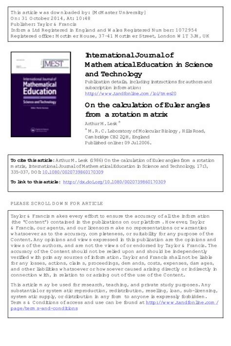 Pdf On The Calculation Of Euler Angles From A Rotation Matrix