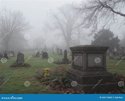Eerie Fog Envelopes Cemetery In Haunting Silence Cold Air Hangs Heavy