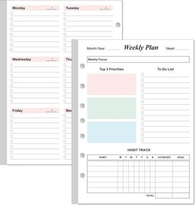 Weekly Planner Refills For 3 Or 7 Ring Mini Binders 53 Sheets 106