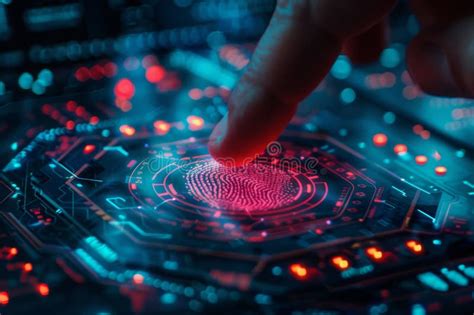 Finger Touching Digital Fingerprint Scanner On Glowing Virtual Keyboard