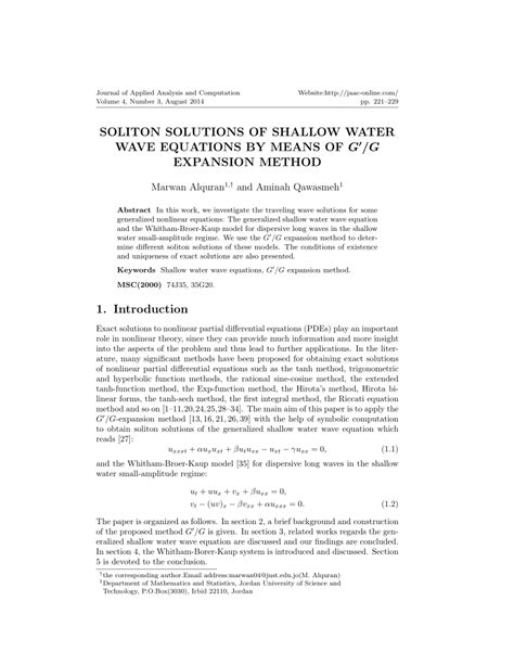 Pdf Journal Of Applied Analysis And Computation Soliton Solutions Of Shallow Water Wave