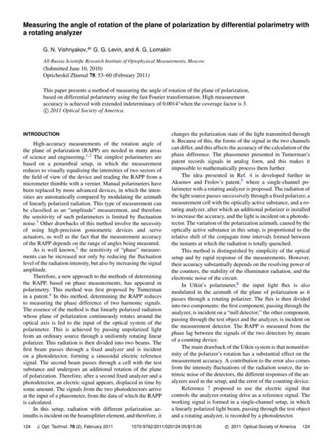 Pdf Measuring The Angle Of Rotation Of The Plane Of Polarization By