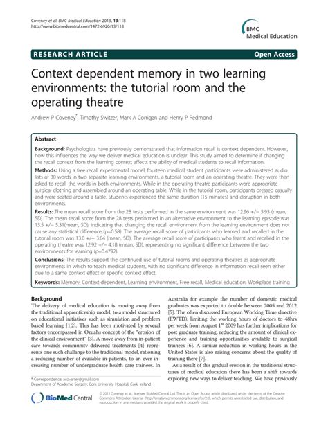 Pdf Context Dependent Memory In Two Learning Environments The Tutorial Room And The Operating