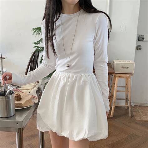 아더먼데이 펌킨스커트💗 크림벌룬 라운드긴팔 미니원피스 면원피스 가을신상 가을원피스 가을하객룩 여자원피스 레이어드 신축성좋은