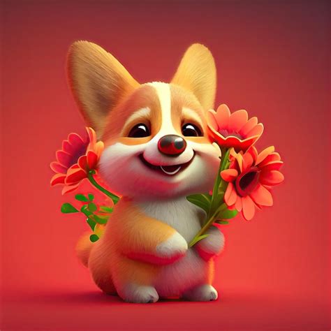 Premium Photo Smiling Cute Corgi Holding Bouquet In Colorful Flowers