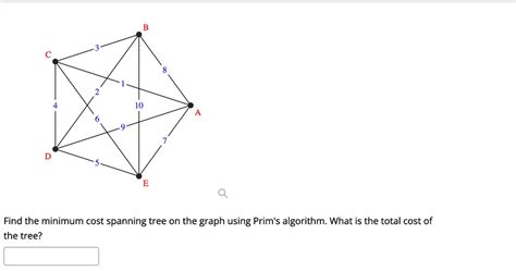 solved find the minimum cost spanning tree on the graph using prim s