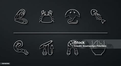 세트 라인 홍합 촉수의 문어 물고기 해골 스테이크 낚시 작살 게 상어 지느러미 수프와 가오리 아이콘 벡터 갈고리 발톱에 대한