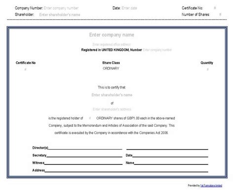 Printable Share Certificate Template