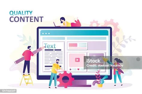 사람들은 소셜 미디어에 대해 서로 다른 품질의 콘텐츠를 만듭니다 연필이 있는 카피라이터가 웹사이트 또는 블로그기사를 작성합니다 콘텐츠 정보 매체에 대한 스톡 벡터 아트 및