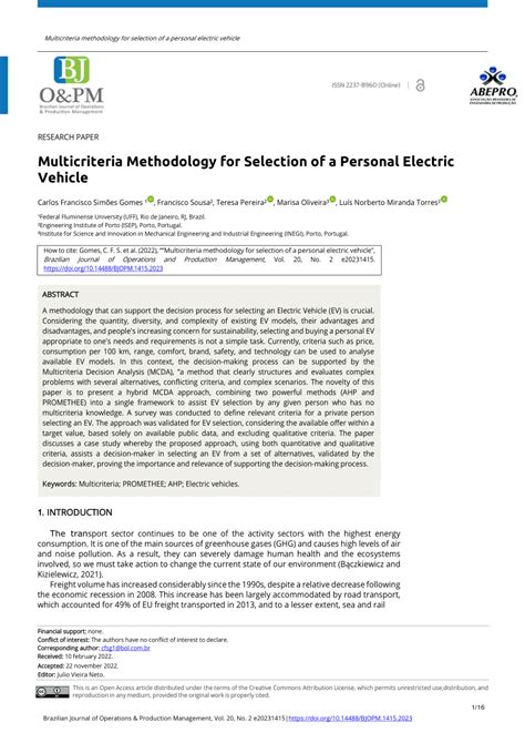 Pdf Multicriteria Methodology For Selection Of A Personal Electric Vehicle