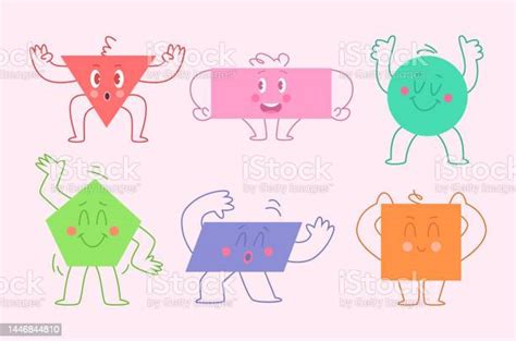 기하학적 문자 얼굴이 다른 감정 간단한 모양 형태 원형 삼각형 사각형 정확한 벡터 템플릿을 가진 재미있는 추상적 인 인물 기하에