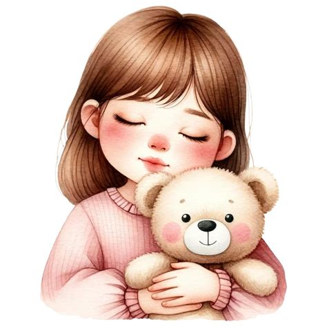 Premium Psd Watercolor Cute Girl Hugging A Teddy Bear