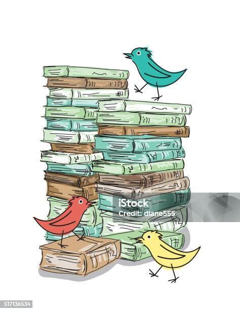 Stack Of Sketchy Books With Cartoon Birds Stock Illustration Download