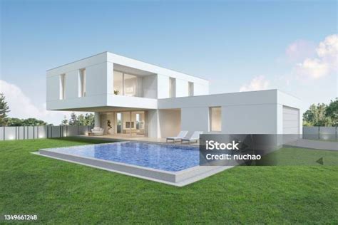 잔디 마당과 수영장이있는 현대적인 고급 주택의 3d 렌더링 수영장 스포츠 경기장에 대한 스톡 사진 및 기타 이미지 수영장 스포츠 경기장 잔디 단일 이미지 Istock