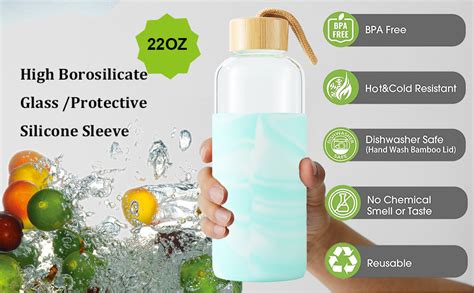 Wemburly 22oz Borosilicate Glass Water Bottle With Silicone Sleeve And Bamboo Lid