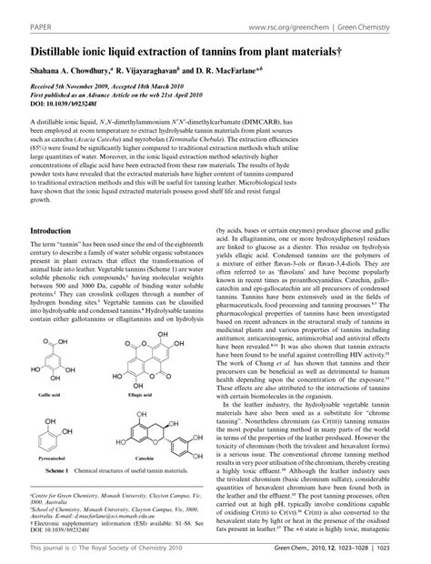 Pdf Distillable Ionic Liquid Extraction Of Tannins From Plant Materials