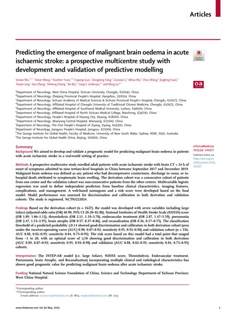 Pdf Predicting The Emergence Of Malignant Brain Oedema In Acute