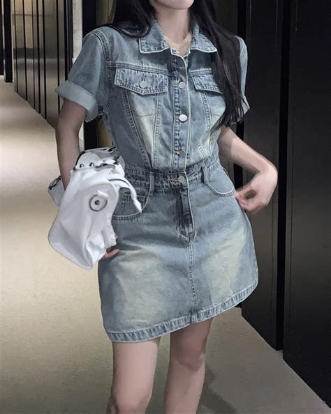 클로디 공항패션 공항룩 반팔 데님 미니 원피스 슬림핏 섹시 카라 데이트룩 개강룩 날씬