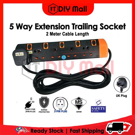 Diymall Sirim Approved 5 Way Extension Trailing Socket 2 Meter Surge Protector Extension Wire