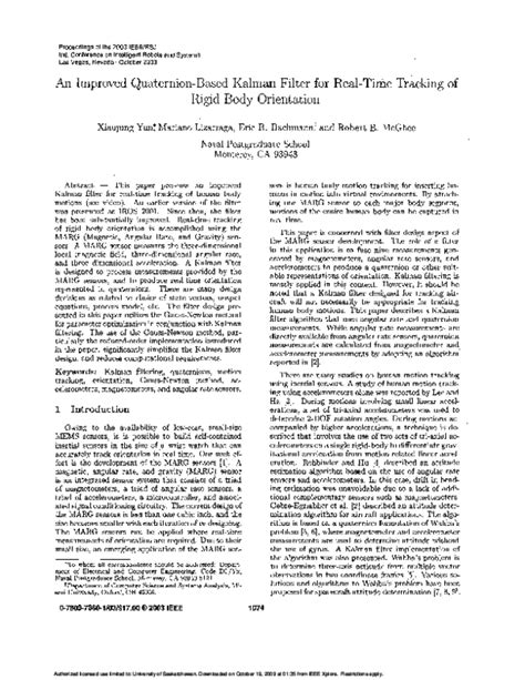 Pdf An Improved Quaternion Based Kalman Filter For Real Time Tracking Of Rigid Body Orientation