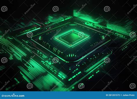 3d Render Abstract Background With Green Microchip Glowing With Copy