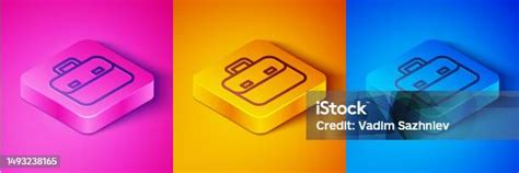 아이소메트릭 라인 서류 가방 아이콘은 분홍색과 주황색 파란색 배경에 분리되어 있습니다 비즈니스 사례 서명 사업 포트폴리오 정사각형 버튼 벡터 3차원 형태에 대한 스톡 벡터