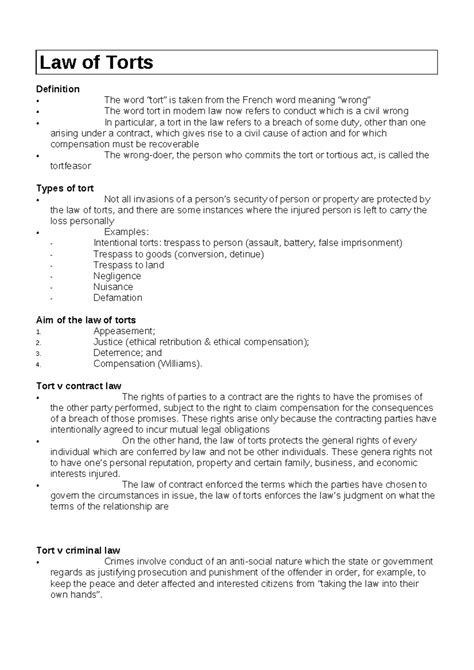 Torts Notes Full Law Of Torts Definition The Word Tort Is Taken From The French Word Meaning