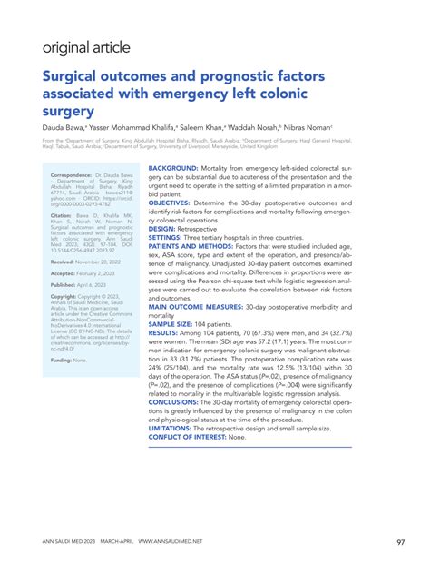 Pdf Surgical Outcomes And Prognostic Factors Associated With Emergency Left Colonic Surgery