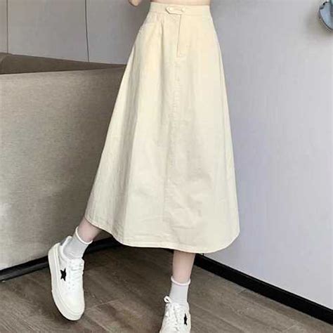 아이보리 하이웨스트 심플 A라인 롱 미디 스커트 치마 J05